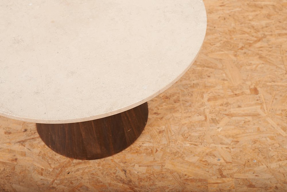 Side Table with Solid Dark Stained & Lacquered Wood Base & Travertine ...