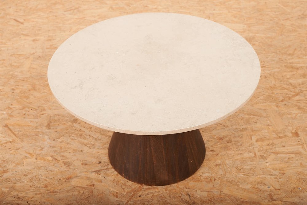 Side Table with Solid Dark Stained & Lacquered Wood Base & Travertine ...