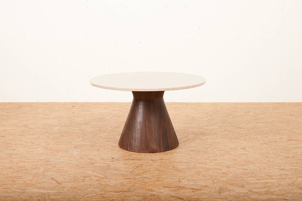 Side Table with Solid Dark Stained & Lacquered Wood Base & Travertine ...