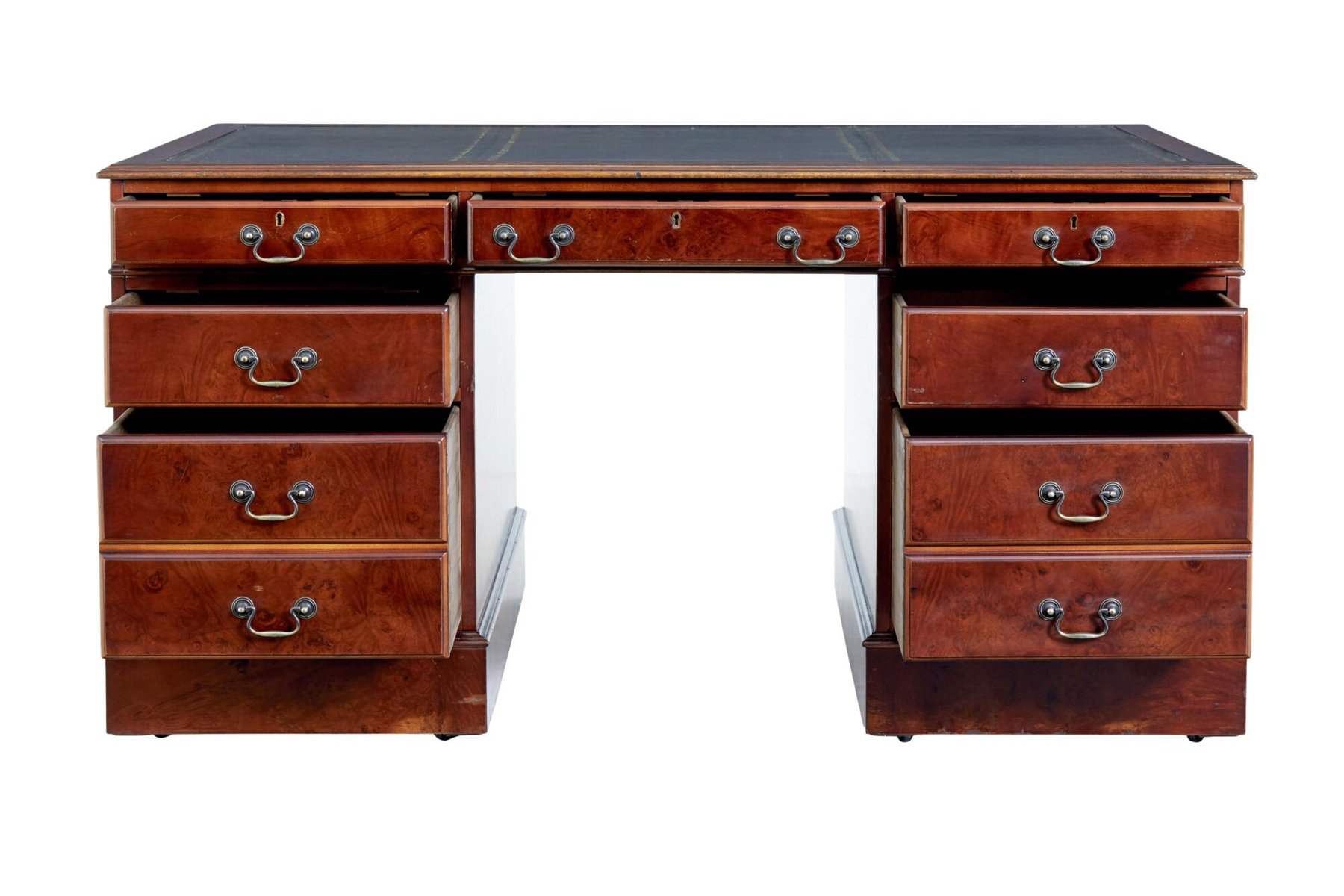 Mahogany and Burr Leather Top Pedestal Desk, 1990s for sale at Pamono