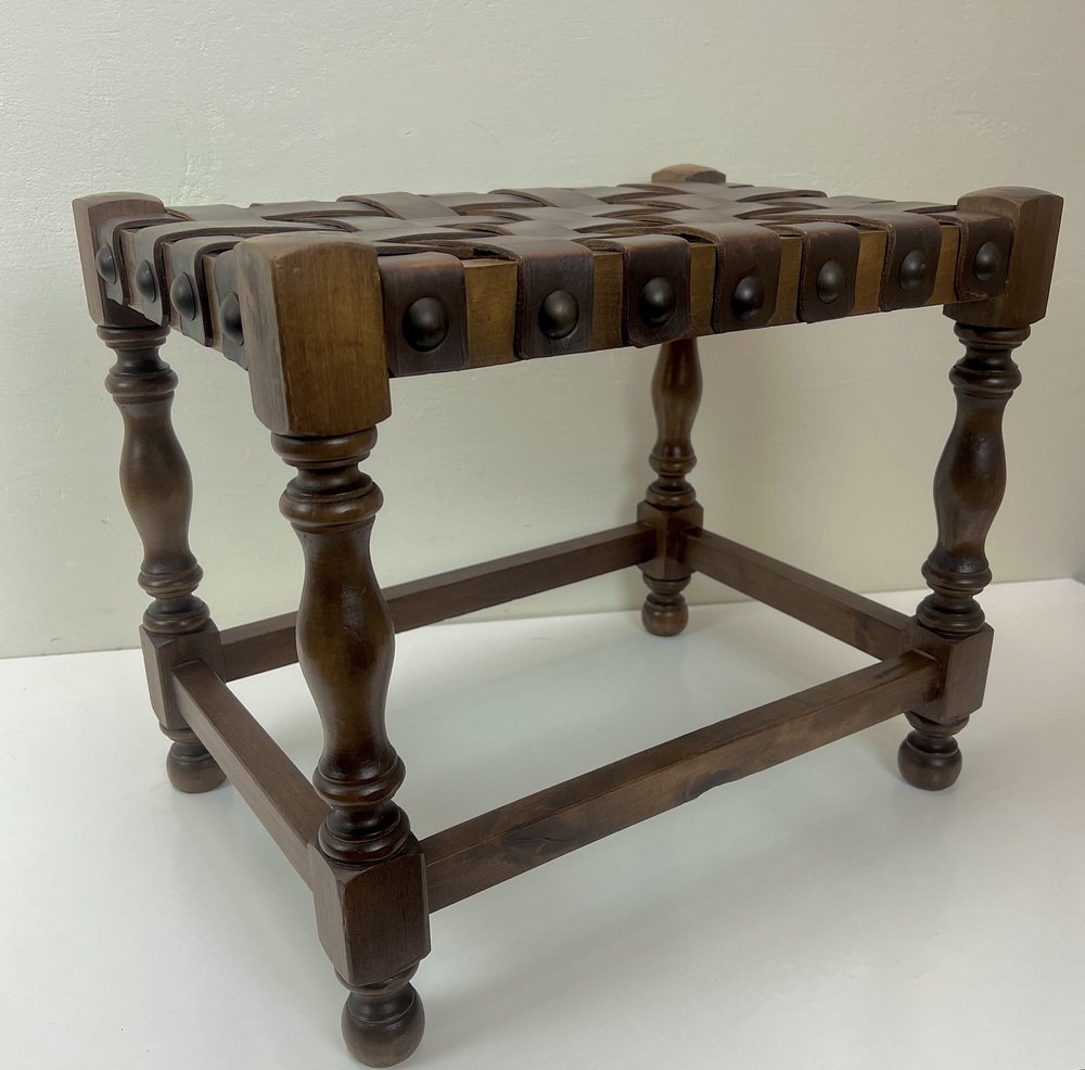 Brutalist Gothic Revival Style Footstool with Leather Strap, Spain ...