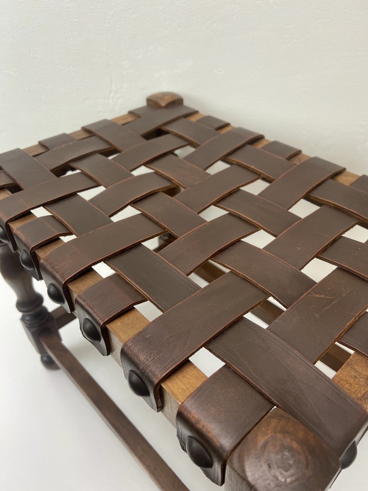 Brutalist Gothic Revival Style Footstool with Leather Strap, Spain ...