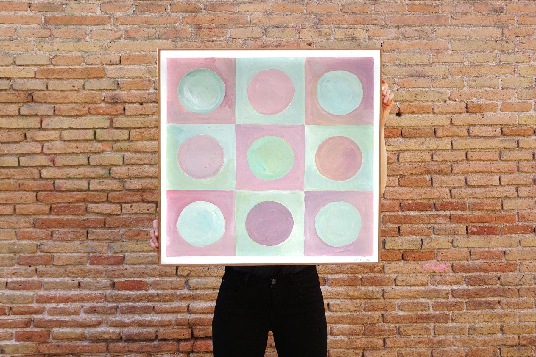 Natalia Roman, Rosa und Türkis Bauhaus Karomuster, 2022, Acryl auf Papier bei Pamono kaufen