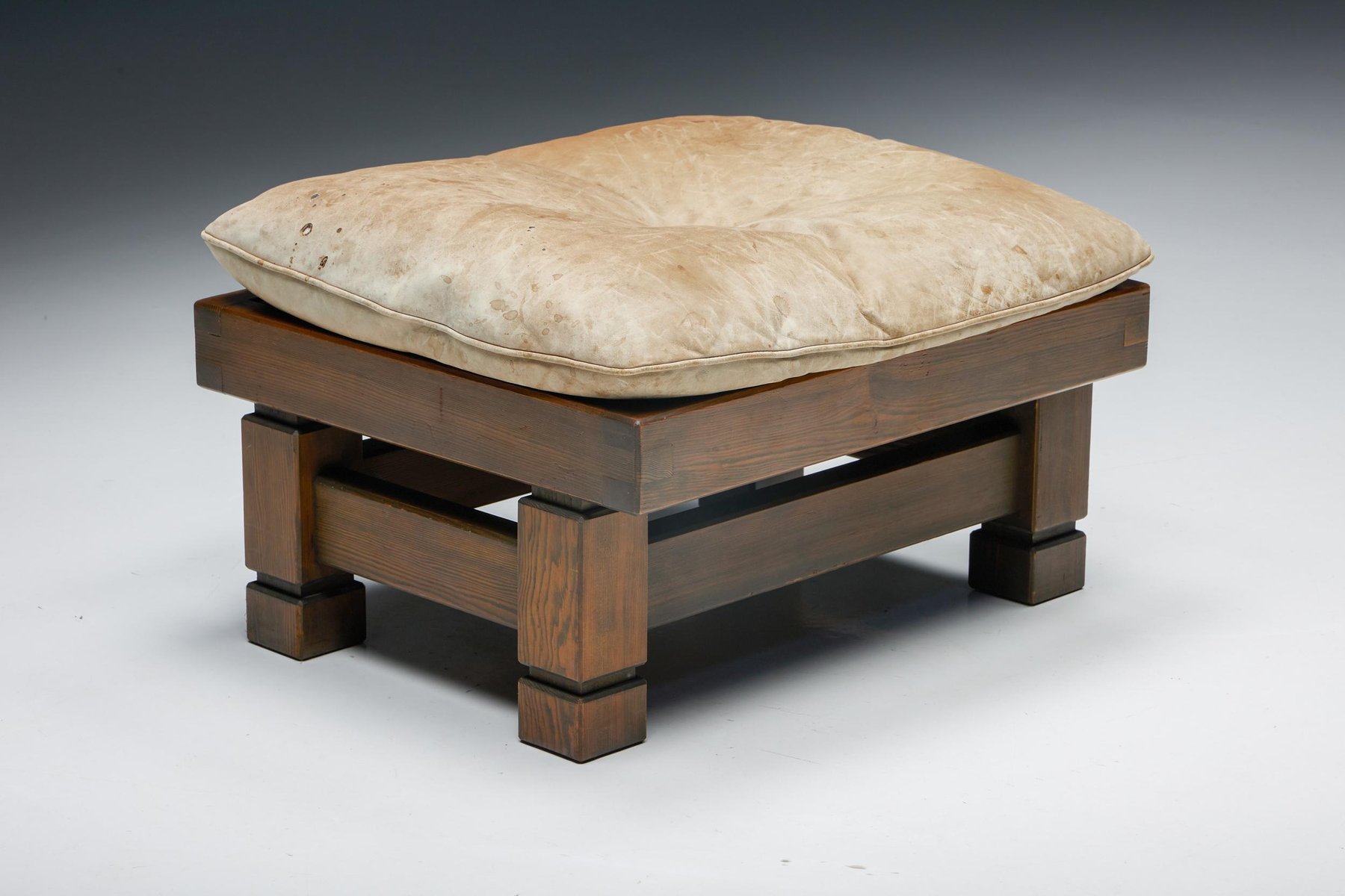 French Wooden Footstool with Leather Cushion, 1960s for sale at Pamono