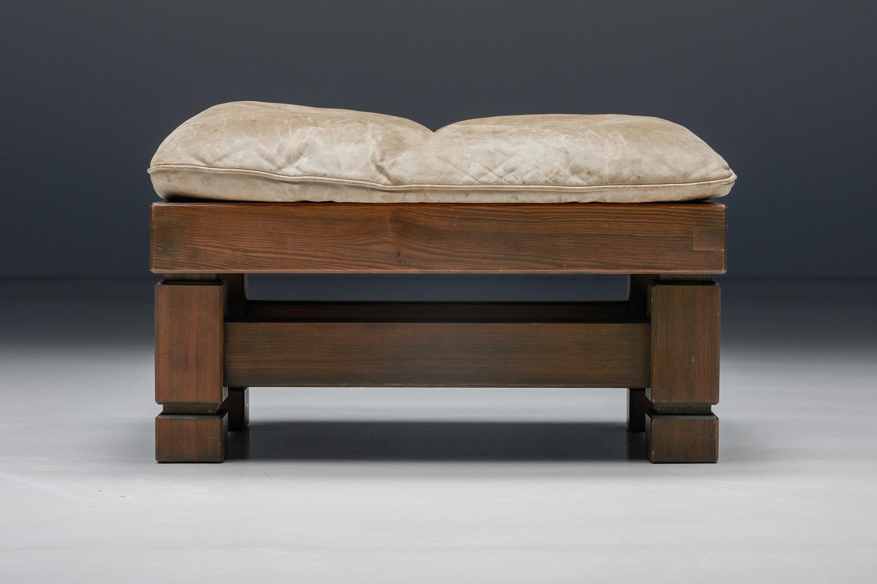 French Wooden Footstool with Leather Cushion, 1960s for sale at Pamono