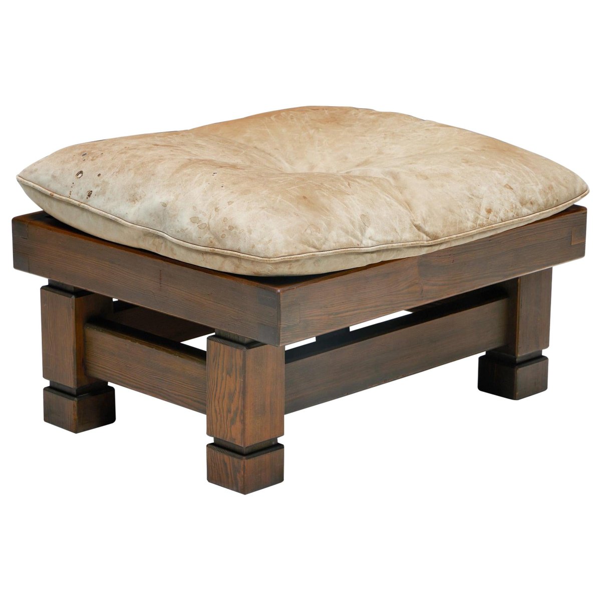 French Wooden Footstool with Leather Cushion, 1960s for sale at Pamono