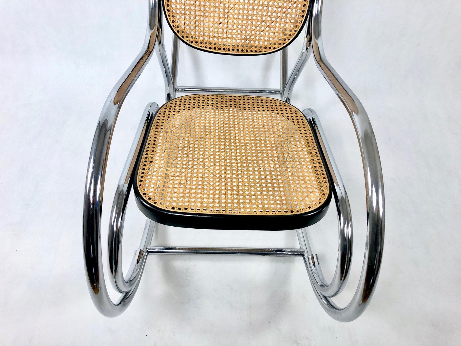Mid-Century Chromed Steel & Rattan Rocking Chair, 1970s for sale at Pamono