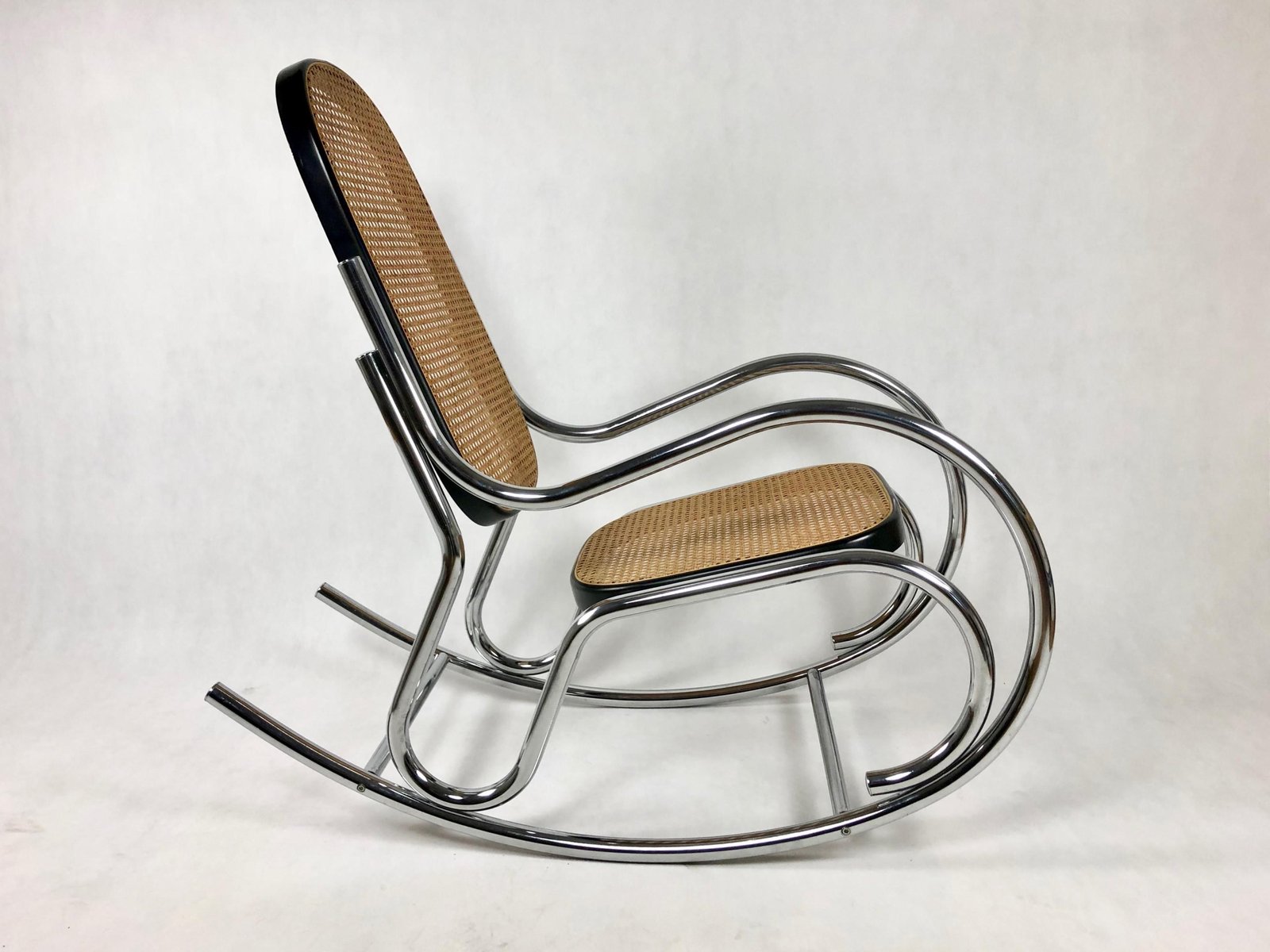 Mid-Century Chromed Steel & Rattan Rocking Chair, 1970s for sale at Pamono