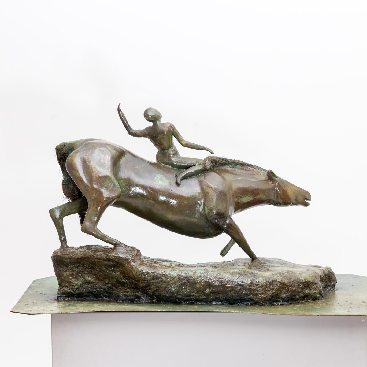French Plaster Sculpture of Rider with Horse for sale at Pamono