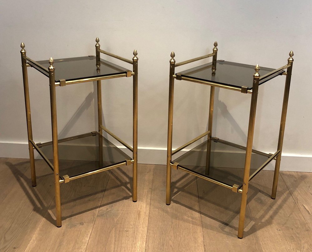 Brass and Smoked Glass Side Tables, 1940s, Set of 2 for sale at Pamono