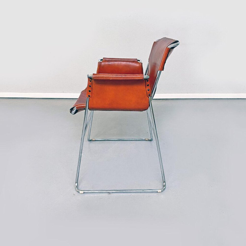 Moderne schweizer Mid-Century Ledersessel mit verchromten Beinen, 4er ...