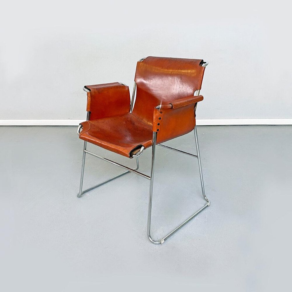 Moderne schweizer Mid-Century Ledersessel mit verchromten Beinen, 4er ...