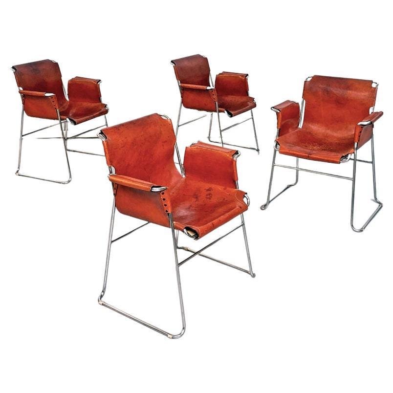 Moderne schweizer Mid-Century Ledersessel mit verchromten Beinen, 4er ...