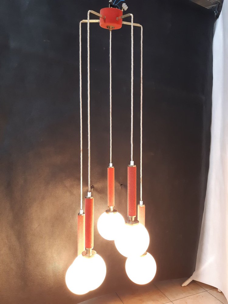 Vintage Red and White Cascade Hanging Lamp with 5 Glass Balls, 1960s ...