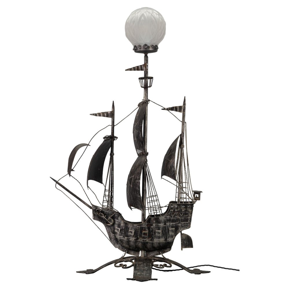 Spanish Wrought Iron and Glass Galleon Sailing Ship Shaped Floor Lamp ...