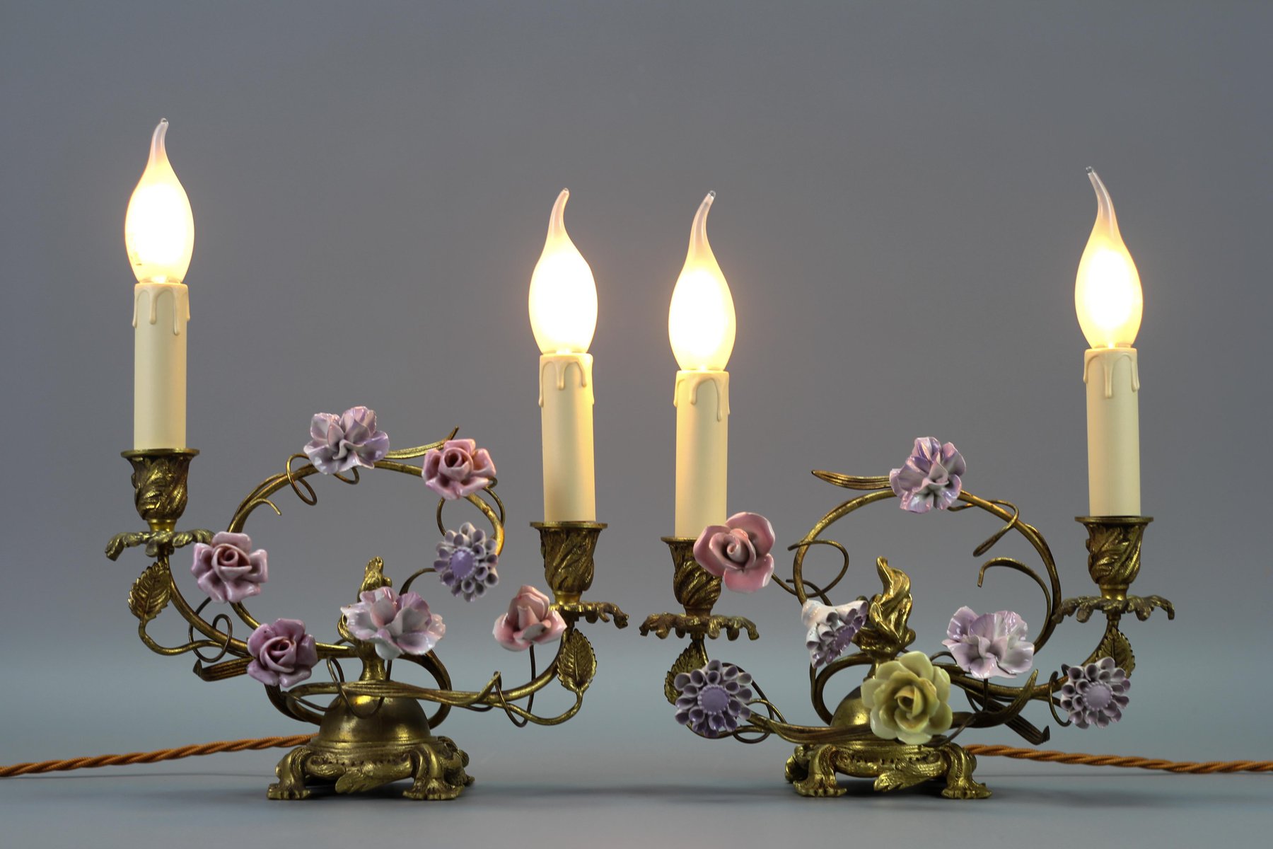 French Rococo Gilt Bronze and Porcelain Flowers Table Lamps, 1950s, Set ...