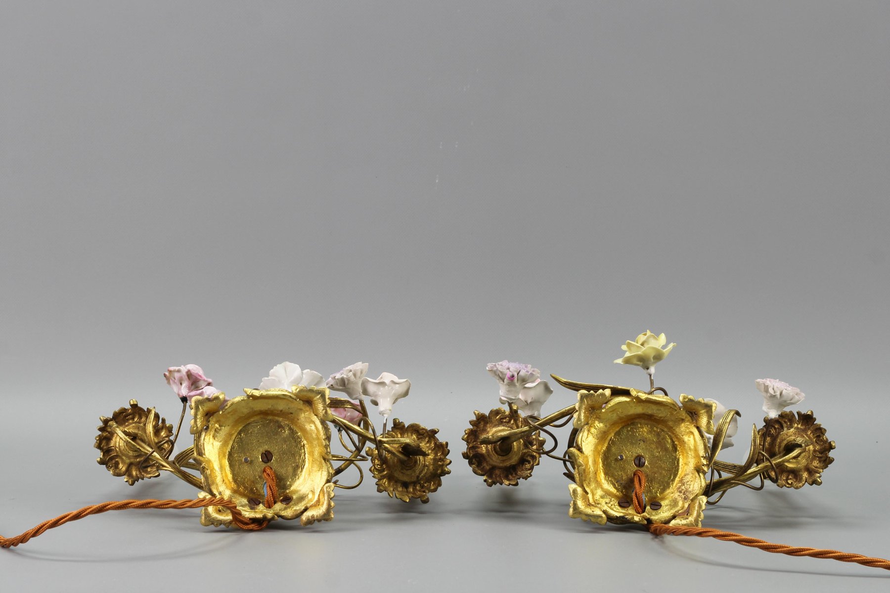 French Rococo Gilt Bronze and Porcelain Flowers Table Lamps, 1950s, Set ...