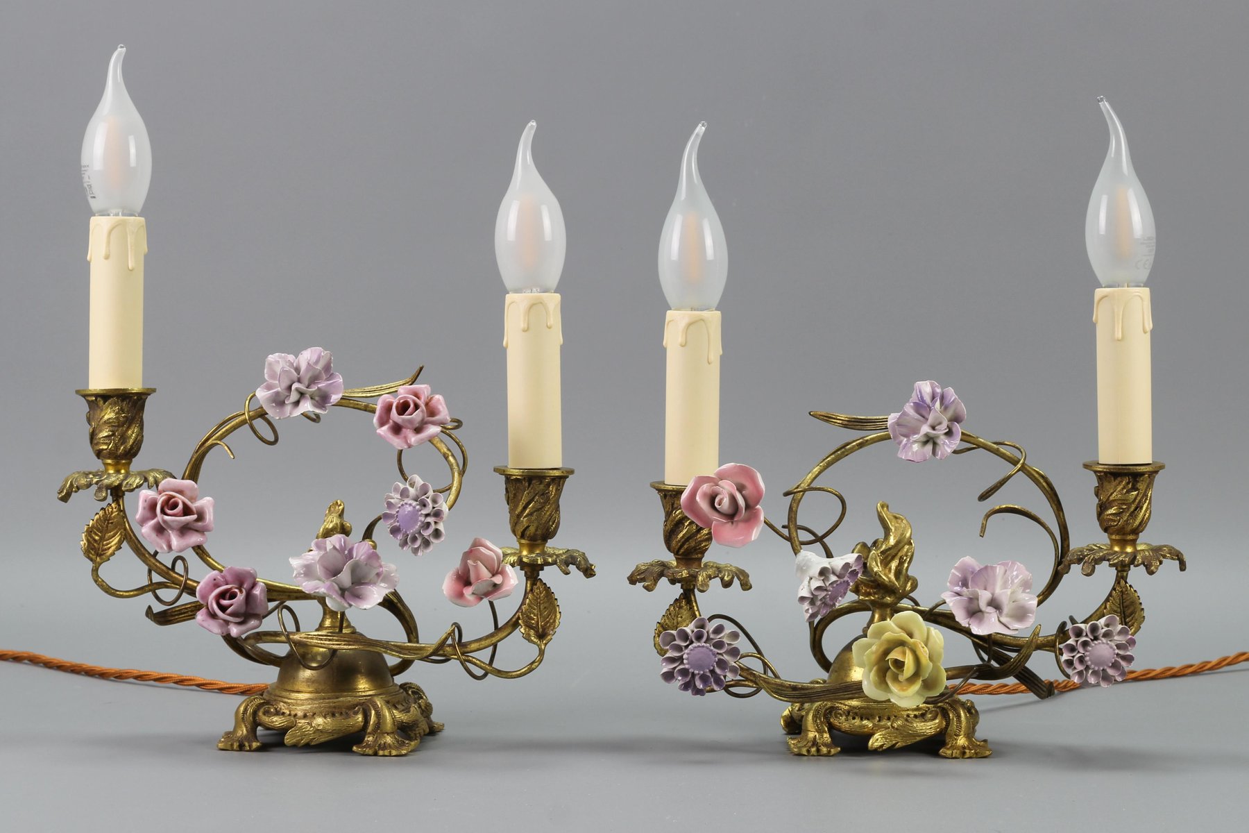 French Rococo Gilt Bronze and Porcelain Flowers Table Lamps, 1950s, Set ...