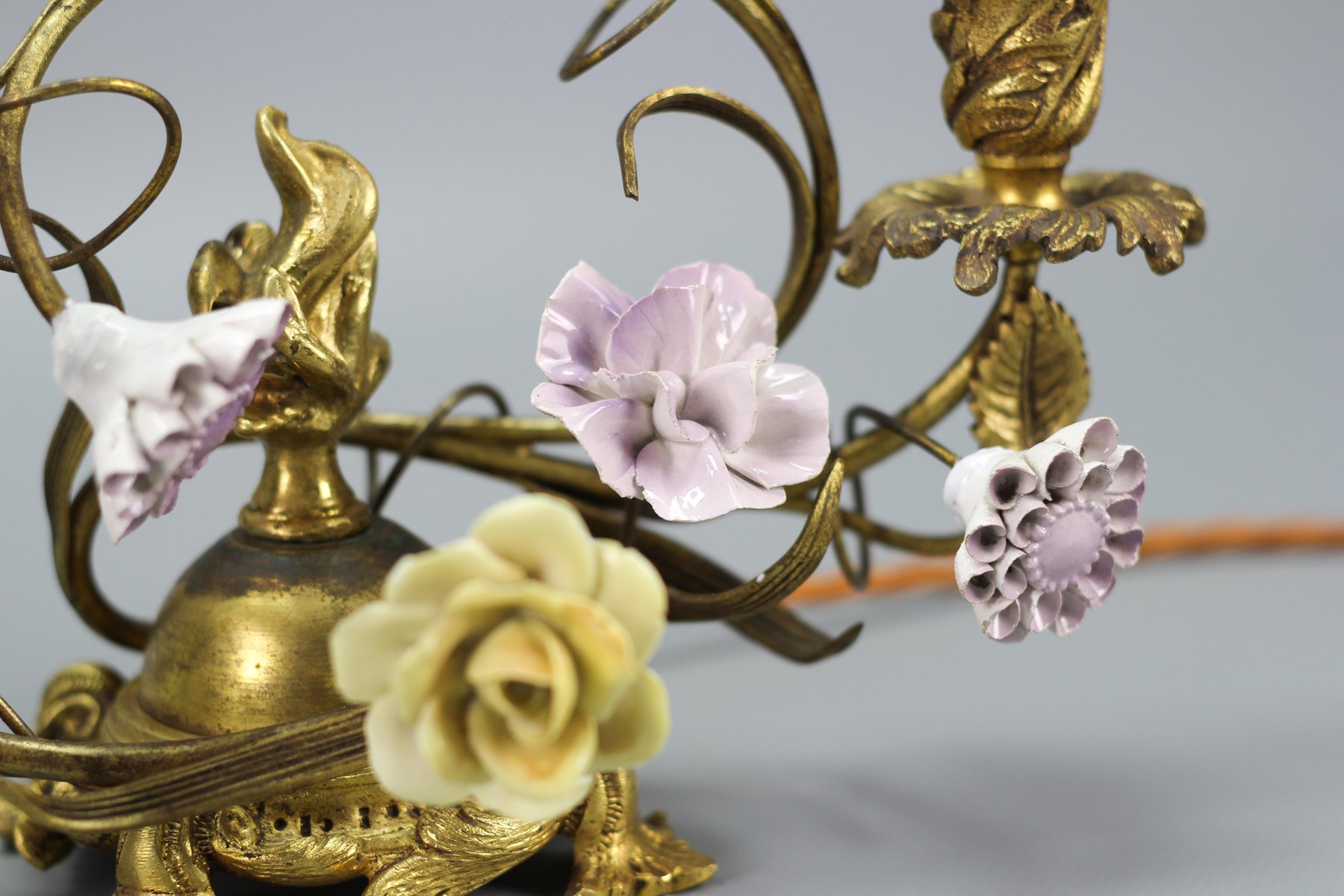 French Rococo Gilt Bronze and Porcelain Flowers Table Lamps, 1950s, Set ...