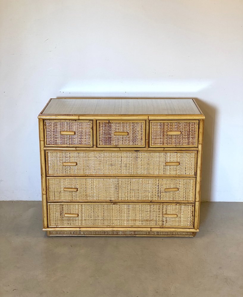 Commode à Tiroirs en Bambou et Osier, 1970s en vente sur Pamono