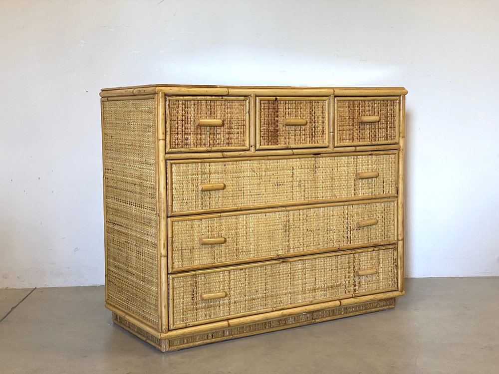 Commode à Tiroirs en Bambou et Osier, 1970s en vente sur Pamono