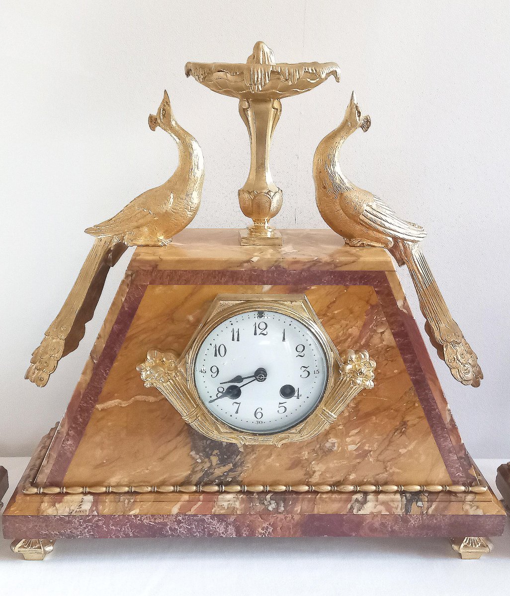 Art Deco Clock & Cassolettes in Bronze and Marble, 1925, Set of 3 for ...