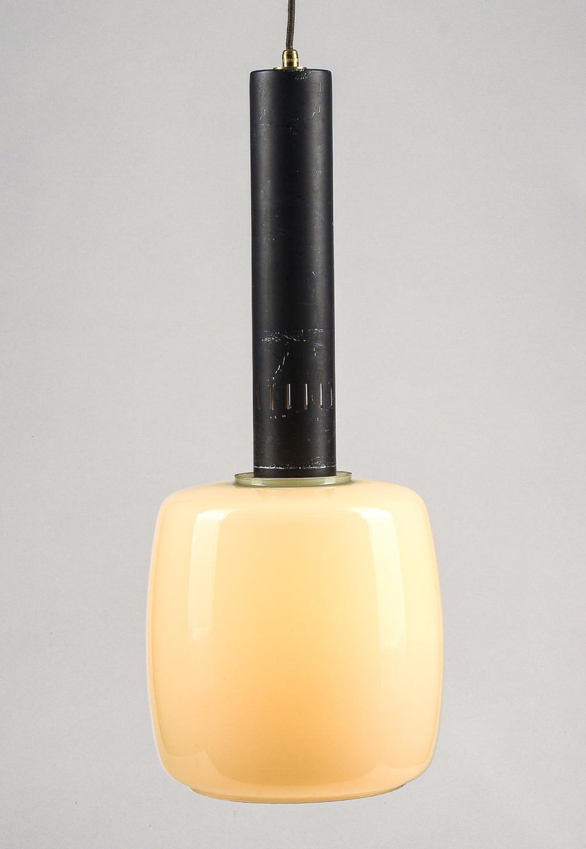 Metal & Beige Opaque Glass Pendant Light, Italy, 1970s for sale at Pamono