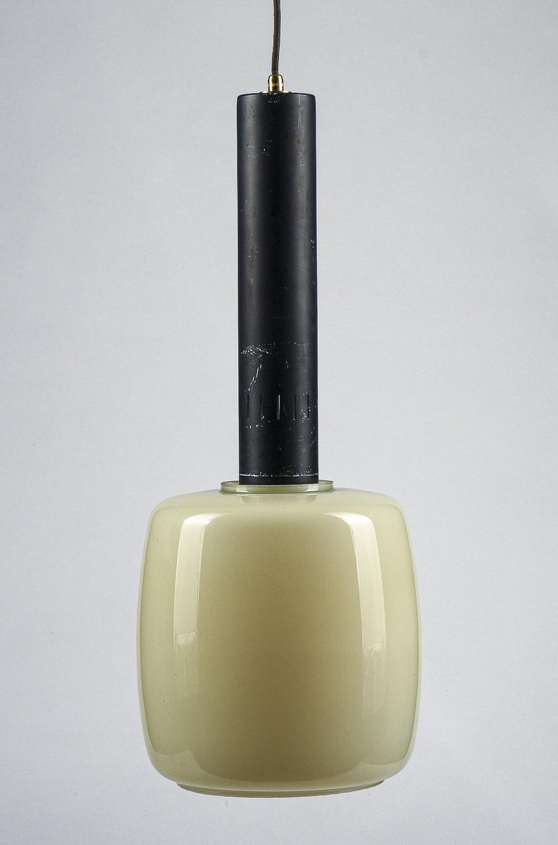 Metal & Beige Opaque Glass Pendant Light, Italy, 1970s for sale at Pamono