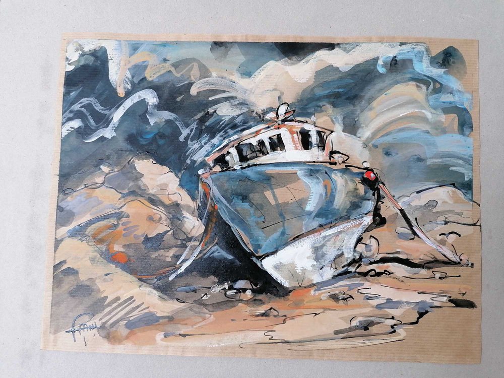 Antoine Faure, Trawler At Rest, 2021, Gouache and Indian Ink on Paper ...