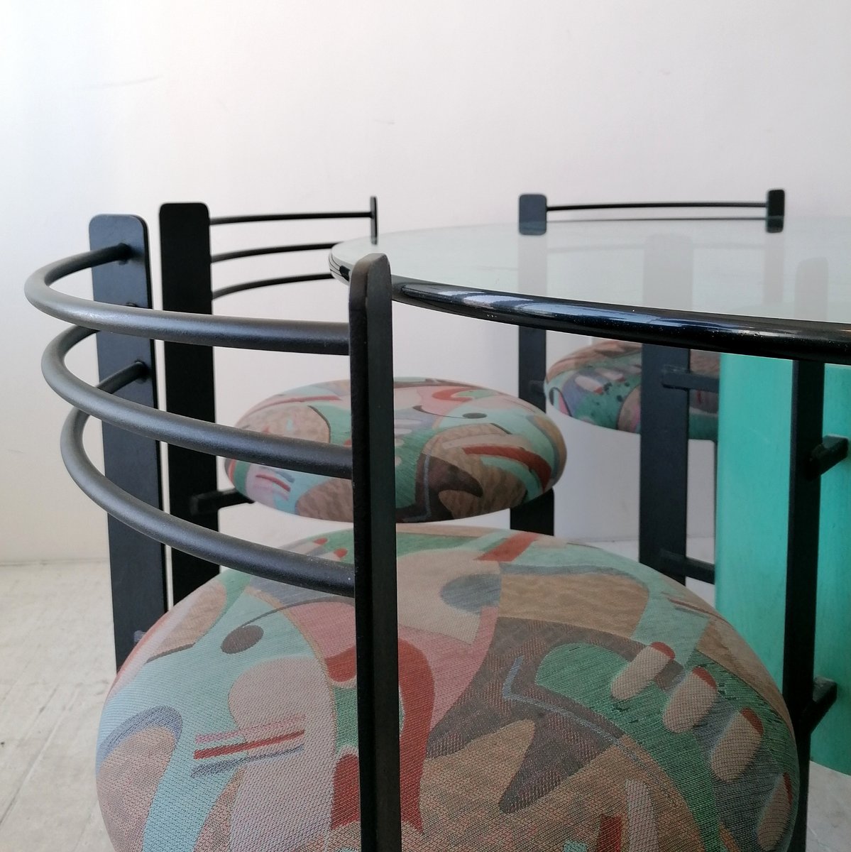 Postmodern Powder-Coated Steel, Plywood & Glass Dining Table with 6 ...