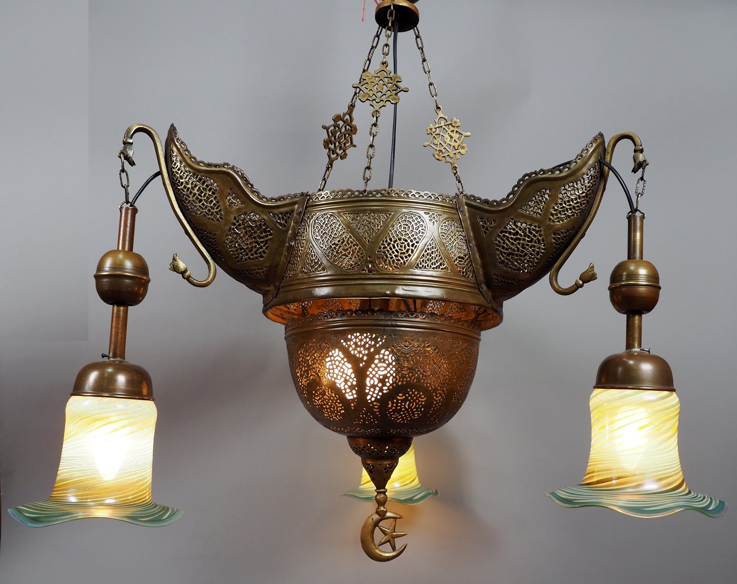 Antique Middle Eastern Islamic Brass Hanging Lamp for sale at Pamono