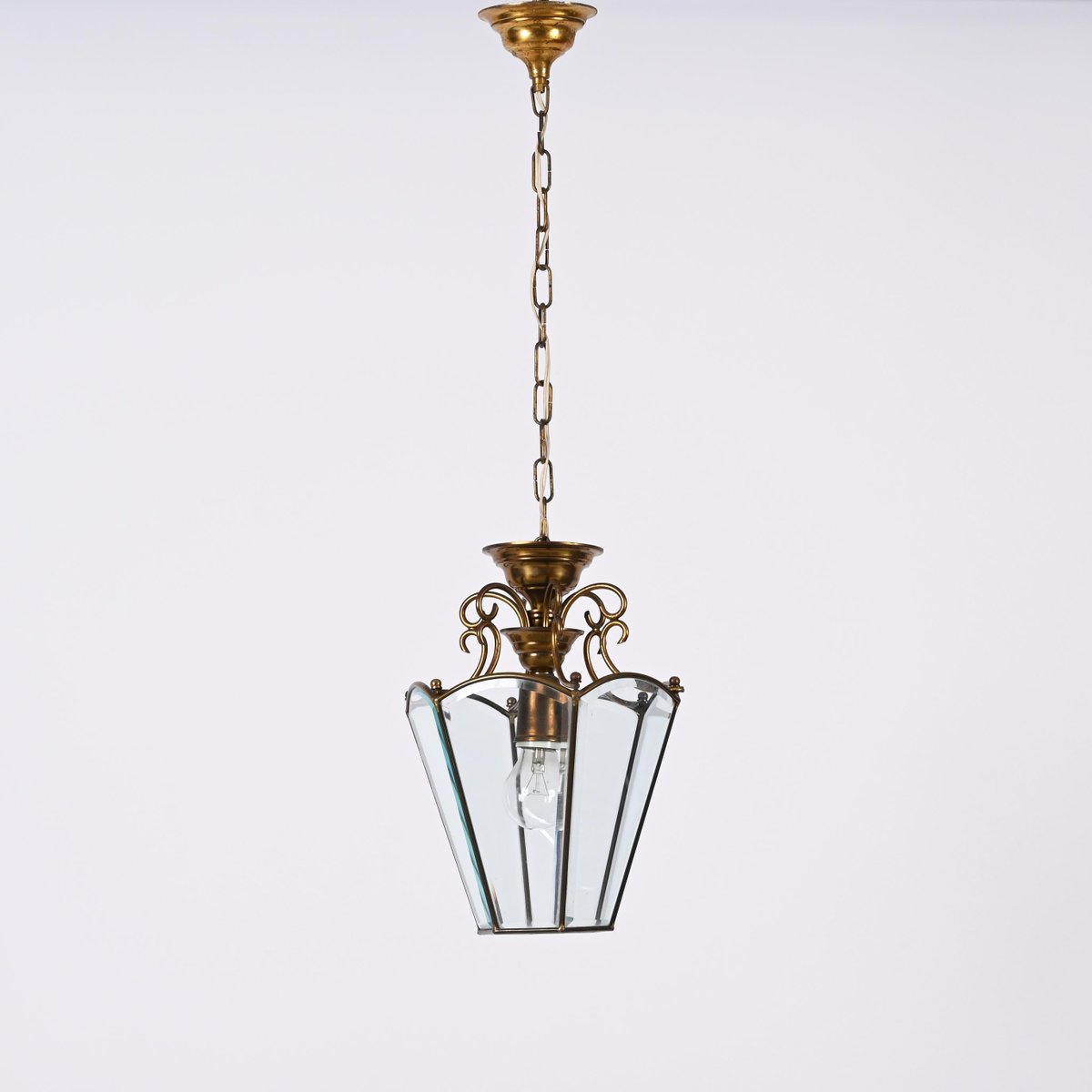 Italian Brass and Beveled Glass Hexagonal Chandelier in the style of ...
