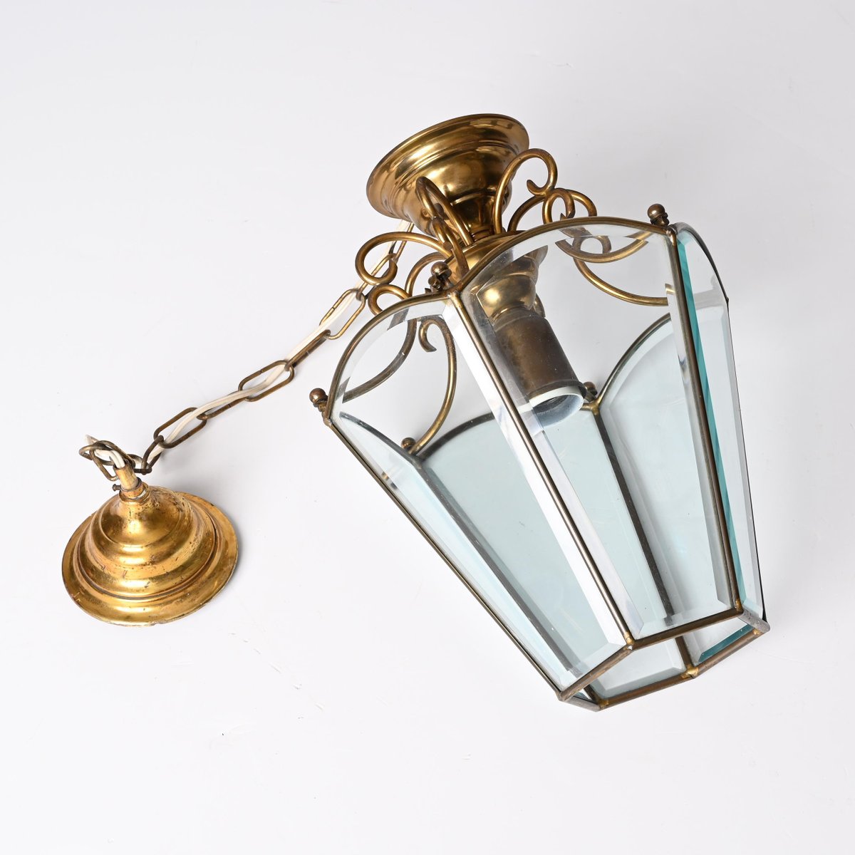 Italian Brass and Beveled Glass Hexagonal Chandelier in the style of ...