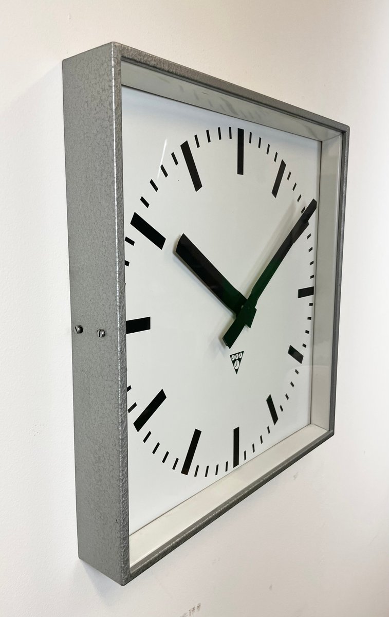 Large Grey Square Wall Clock from Pragotron, 1970s for sale at Pamono