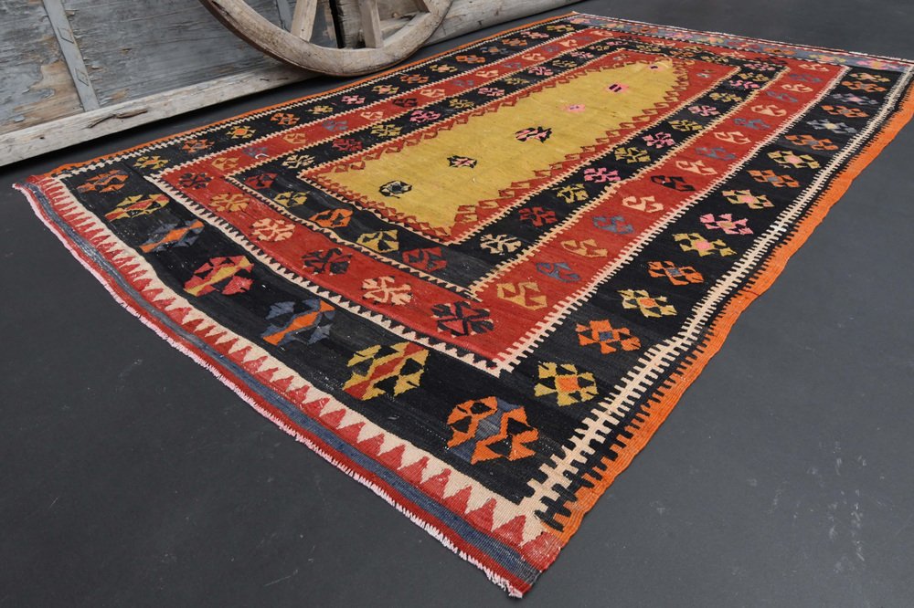 Vintage Turkish Red and Yellow Area Rug for sale at Pamono