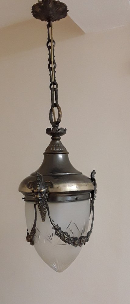 Antique Ceiling Lamp in Metal Frame & Glass, 1910s for sale at Pamono