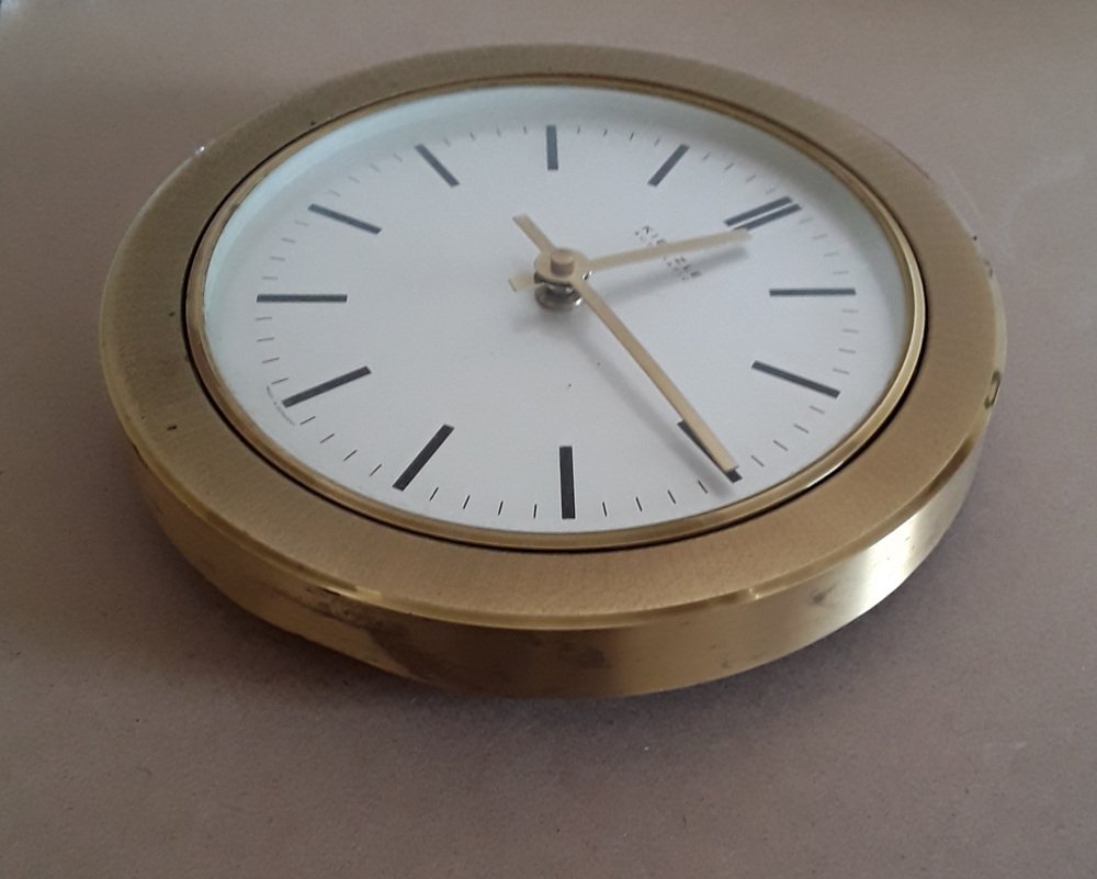 Vintage German Round Automatic Wall Clock with Brass Housing & Arched ...