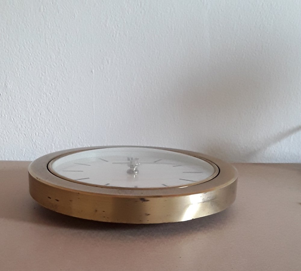 Vintage German Round Automatic Wall Clock with Brass Housing & Arched ...