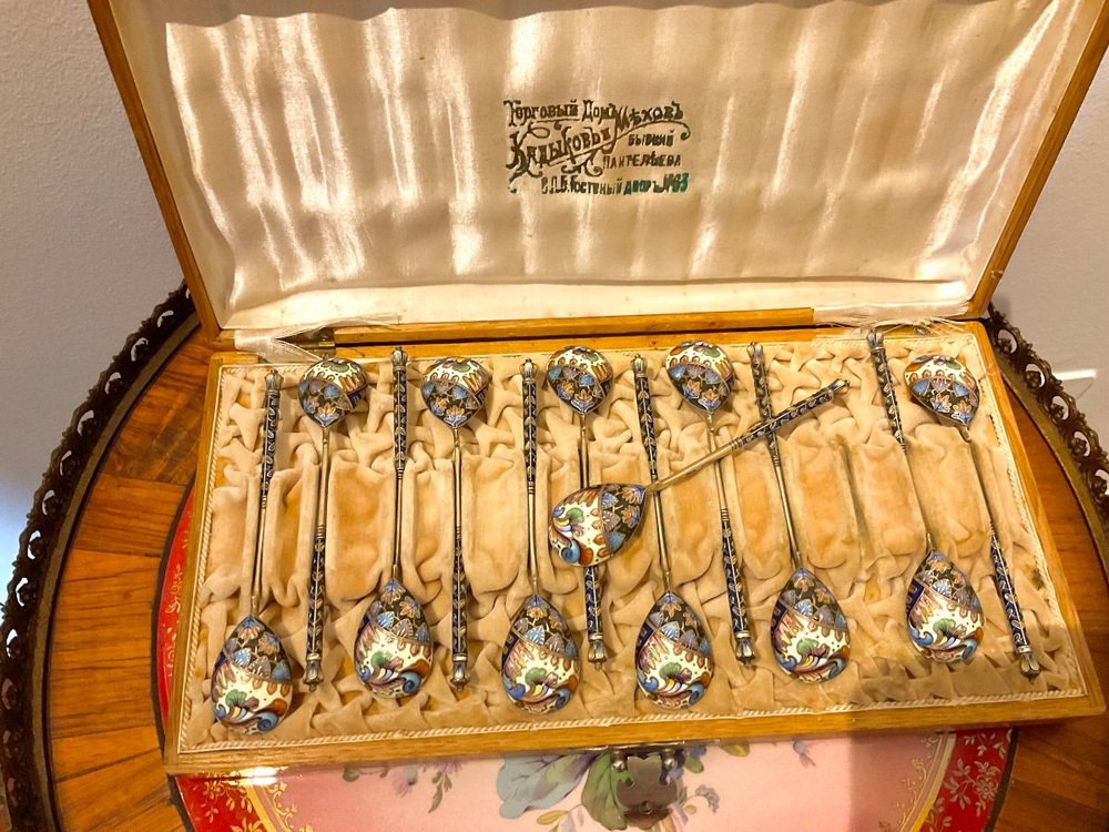 Antique Russian Imperial Enamel Spoons, Set of 12 for sale at Pamono