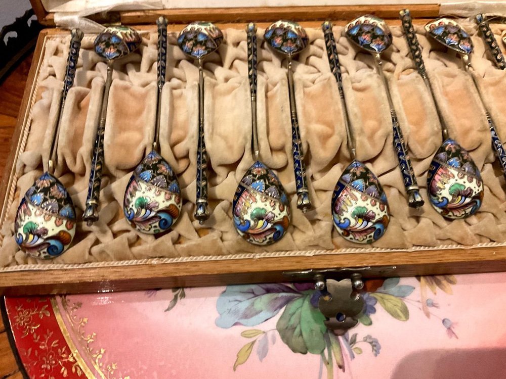 Antique Russian Imperial Enamel Spoons, Set of 12 for sale at Pamono