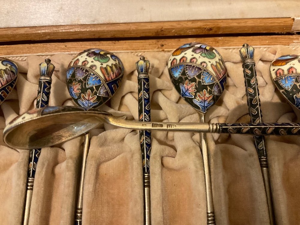 Antique Russian Imperial Enamel Spoons, Set of 12 for sale at Pamono