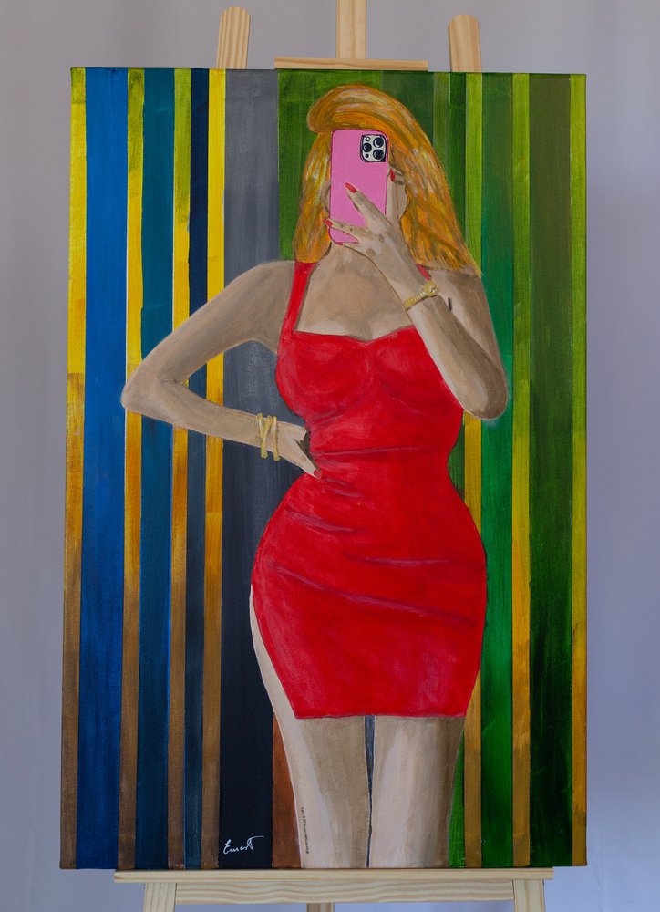 Ernest Carneado Ferreri, Mujer Con Vestido Rojo Y Móvil, 2000er ...