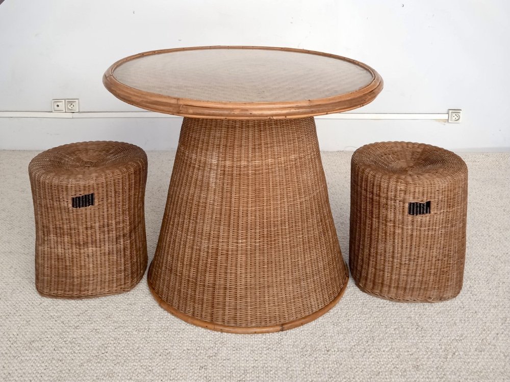 Circular Rattan Table with 2 Stools, Set of 3 for sale at Pamono