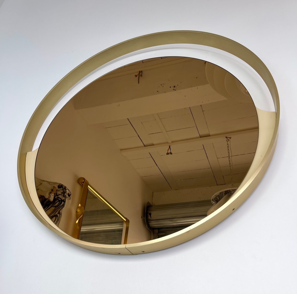 Italian Brass Round Mirror Gold Tinted Glass attributed to ...