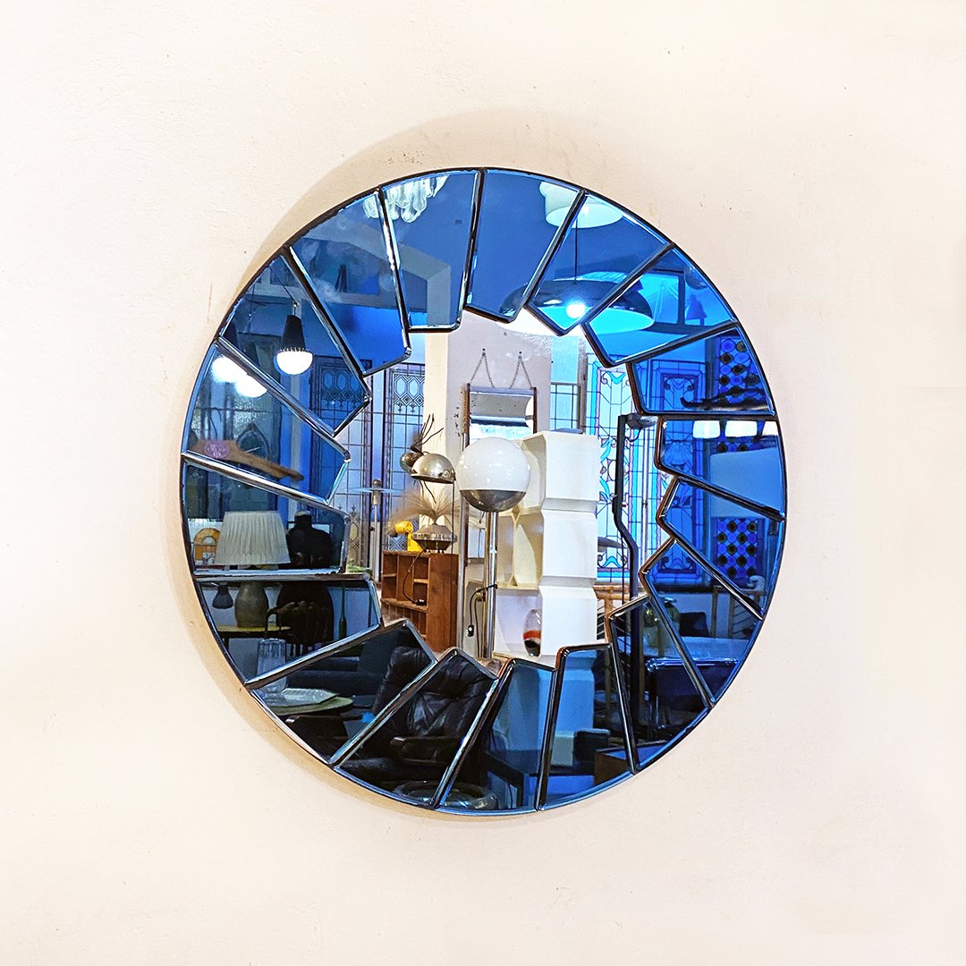 Mid-Century Modern Italian Blue Round Mirror with Glass Frame, 1960s ...