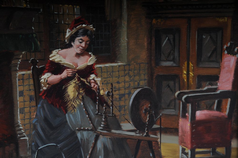 Lady at the Spinning Wheel, 20th Century, Oil on Canvas, Framed for ...