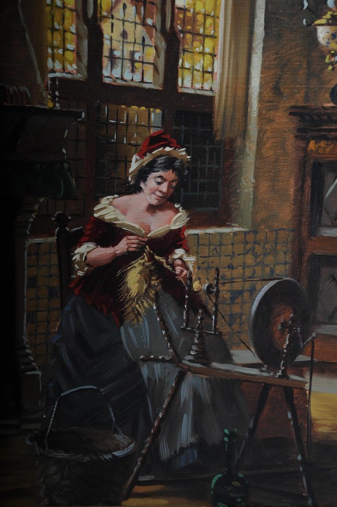 Lady at the Spinning Wheel, 20th Century, Oil on Canvas, Framed for ...