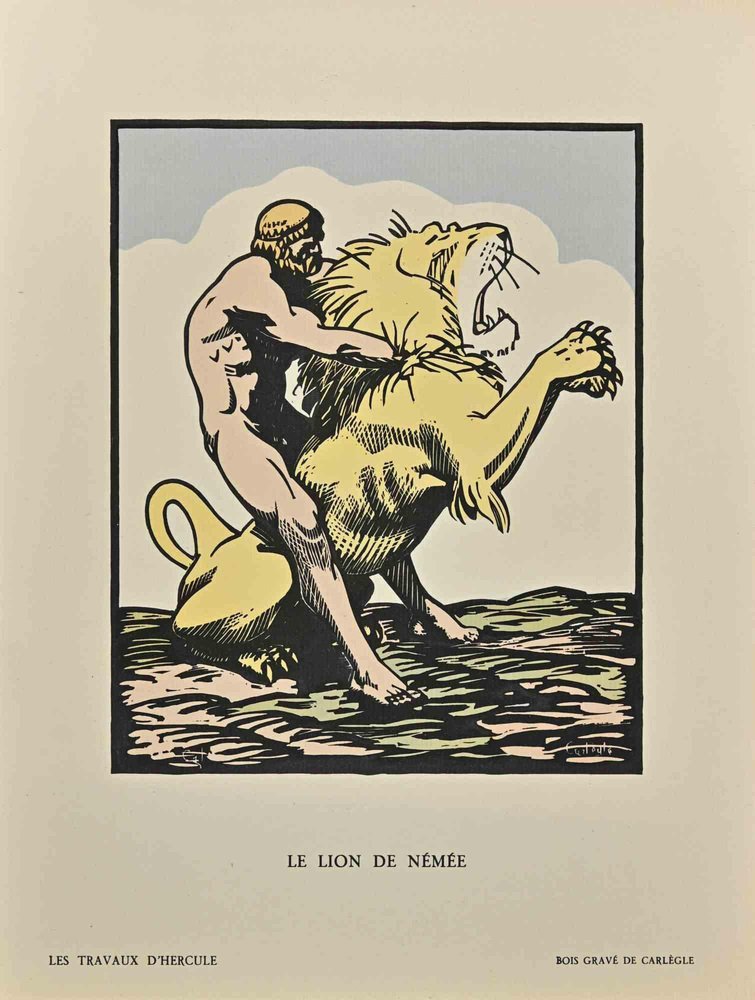 Carlège, Le Lion de Némée, Original Woodcut Print, Early 20th Century ...