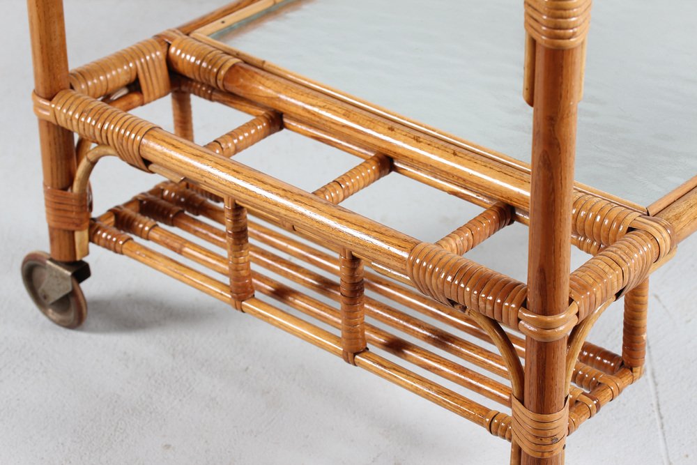 Vintage Cane Bar Trolley on Wheels with Frosted Glass, Denmark, 1950s ...