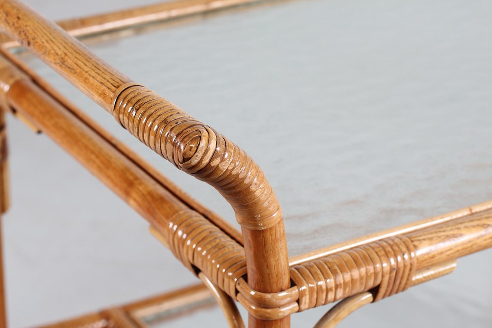 Vintage Cane Bar Trolley on Wheels with Frosted Glass, Denmark, 1950s ...
